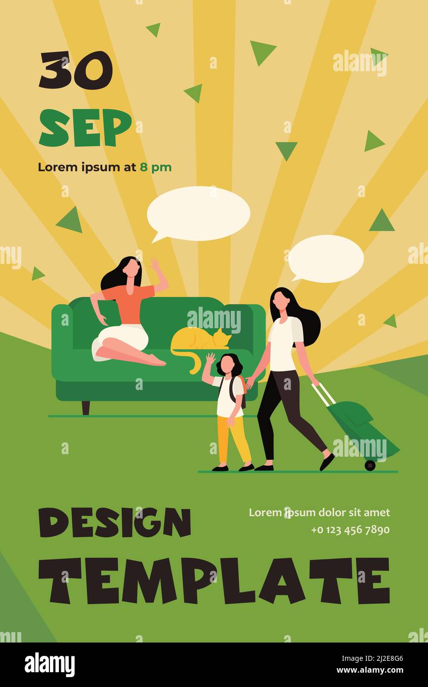 Mom and little daughter with luggage going to vacation. Woman with cat ...