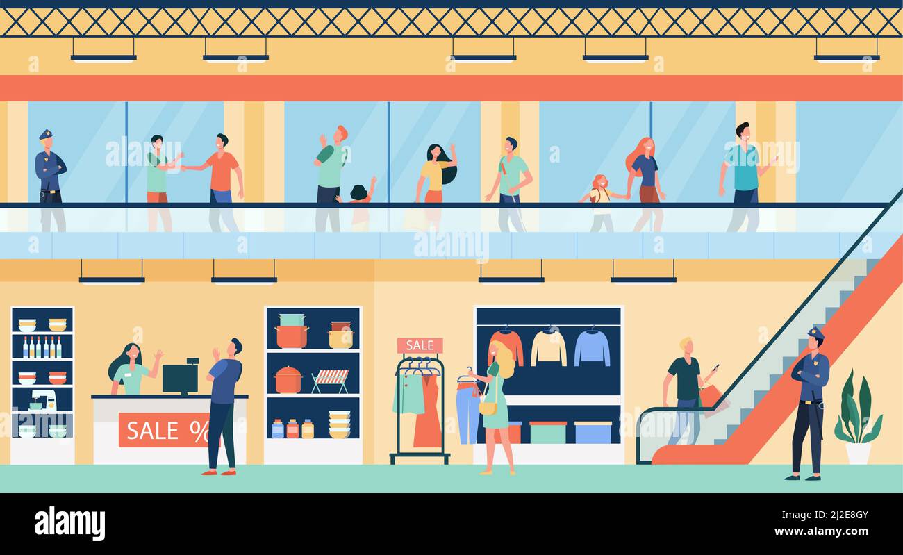 People shopping in city mall flat vector illustration. Cartoon buyers ...