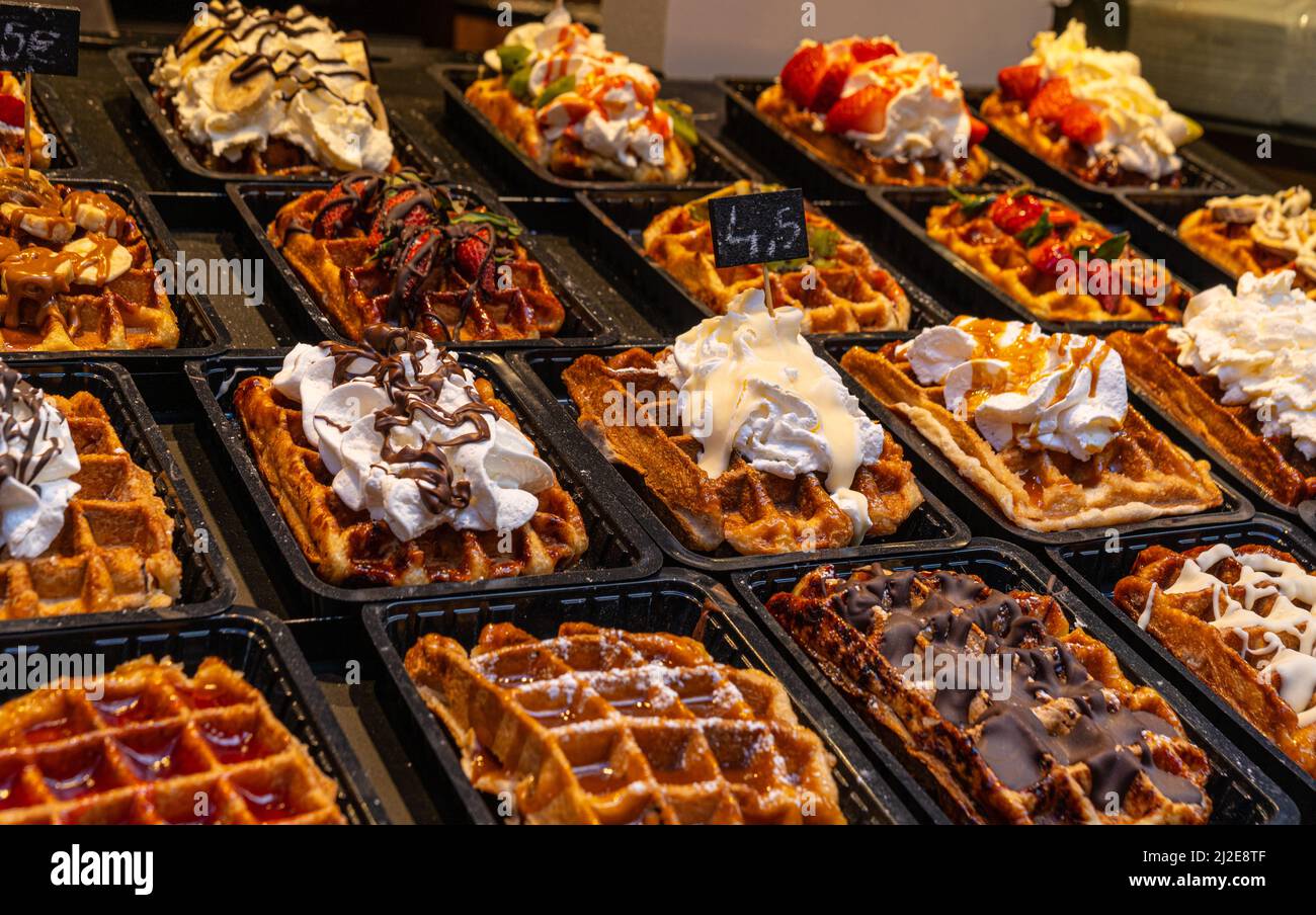 Belgian Waffles With Colorful Toppings On Showcase Brussels Stock Belgian Waffles With Colorful Toppings On Showcase Brussels Stock