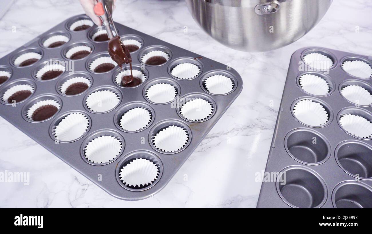 Step by step. Scooping cupcake batter into mini cupcake lines to bake ...