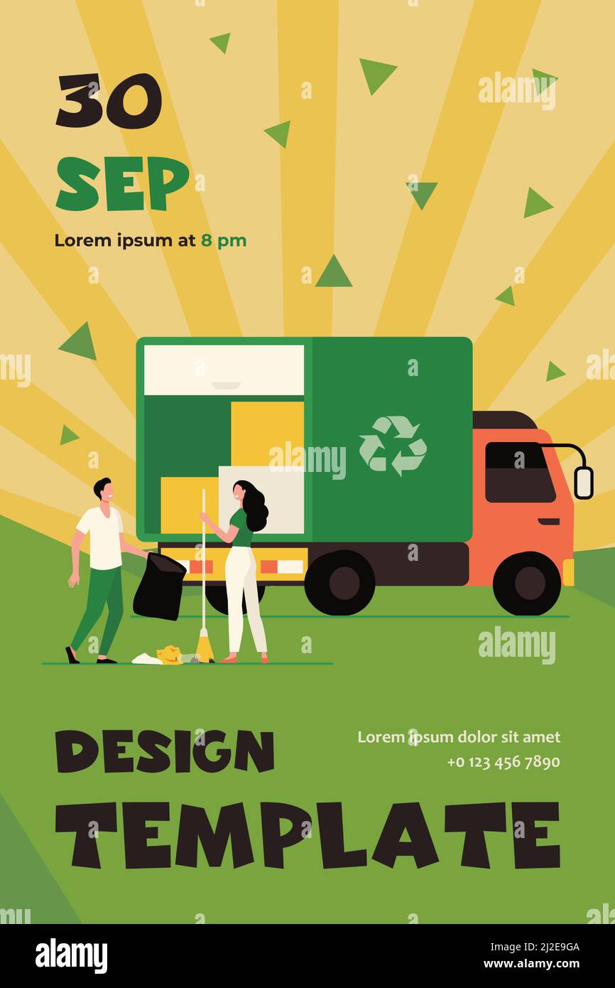 People loading garbage into truck. Trash pickup with recycling sign ...