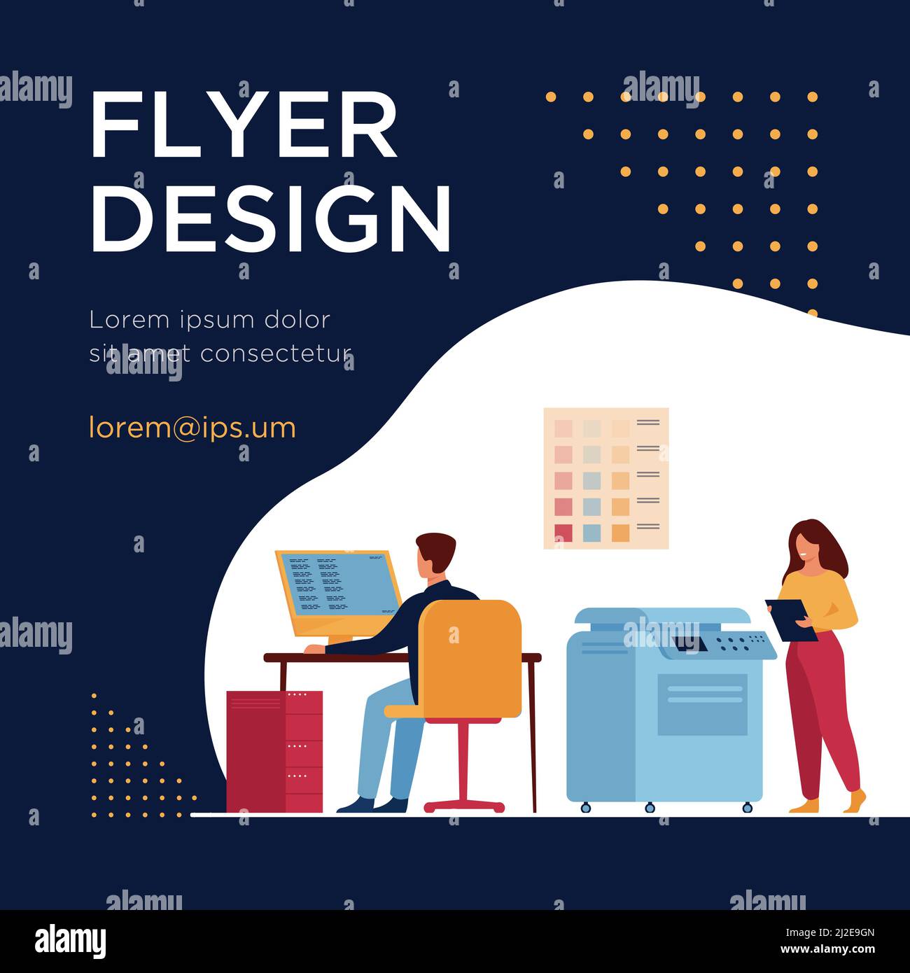 Print house workers using computers and operating big commercial ...