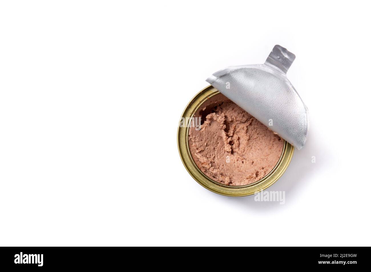 Open tin can with pate isolated on white background. Top view. Copy ...