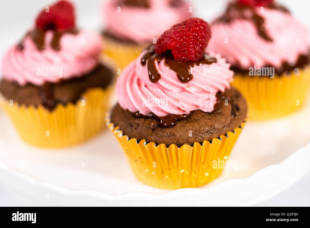 Gourmet chocolate raspberry cupcakes drizzled with chocolate ganache ...