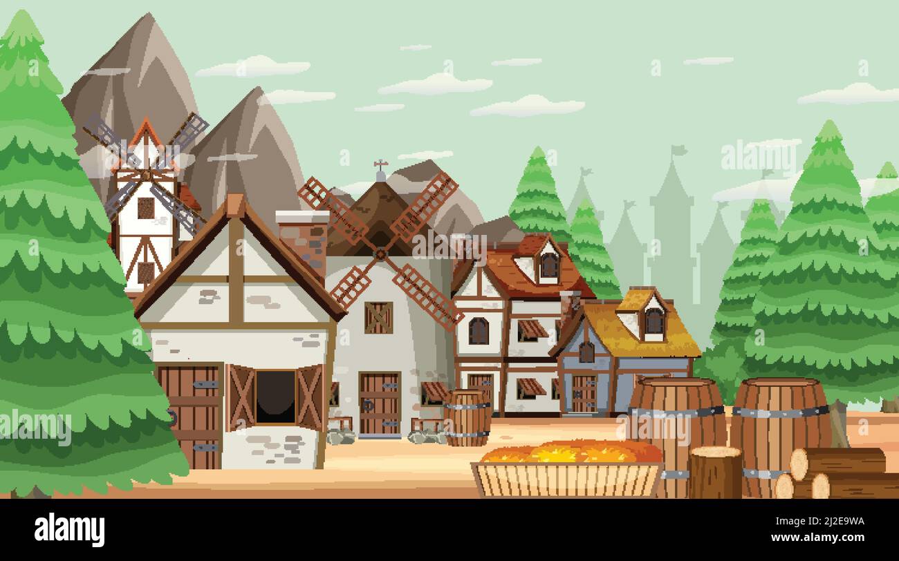 Medieval town cartoon scene illustration Stock Vector Image & Art - Alamy