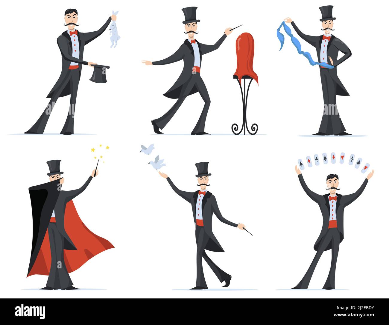 Stylish magician showing magic tricks flat set for web design. Cartoon ...