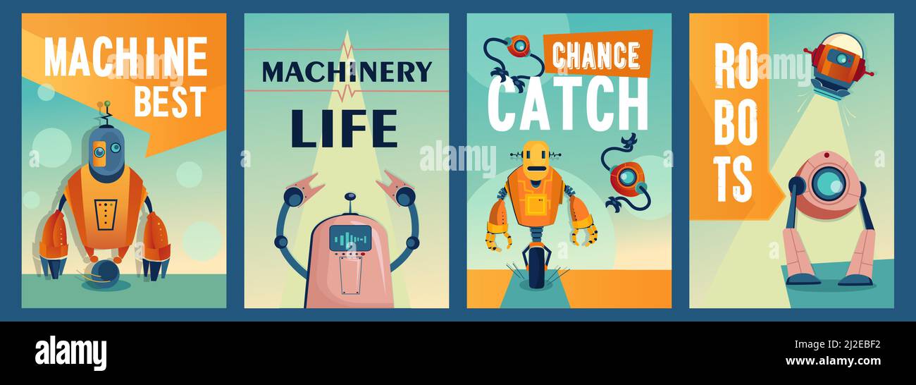 Robotic characters posters set. Robots, cyborgs, electronic assistants ...
