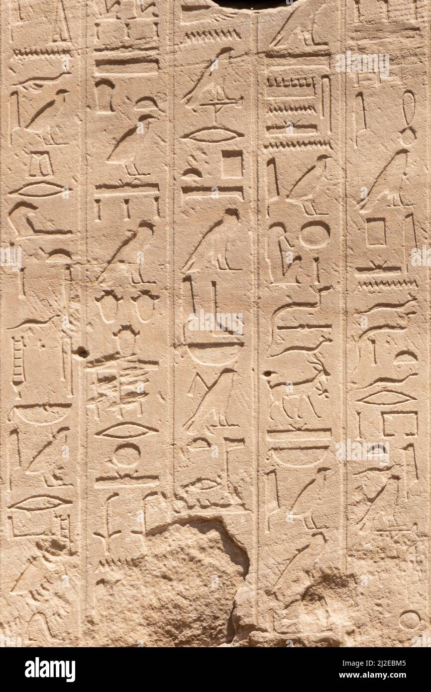 Ancient Egyptian murals and hieroglyphs on the stone walls of the ...