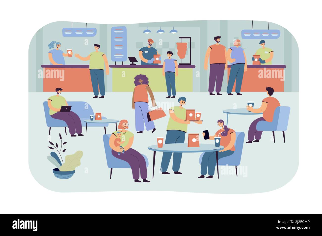 Positive people eating in cafe isolated flat vector illustration ...