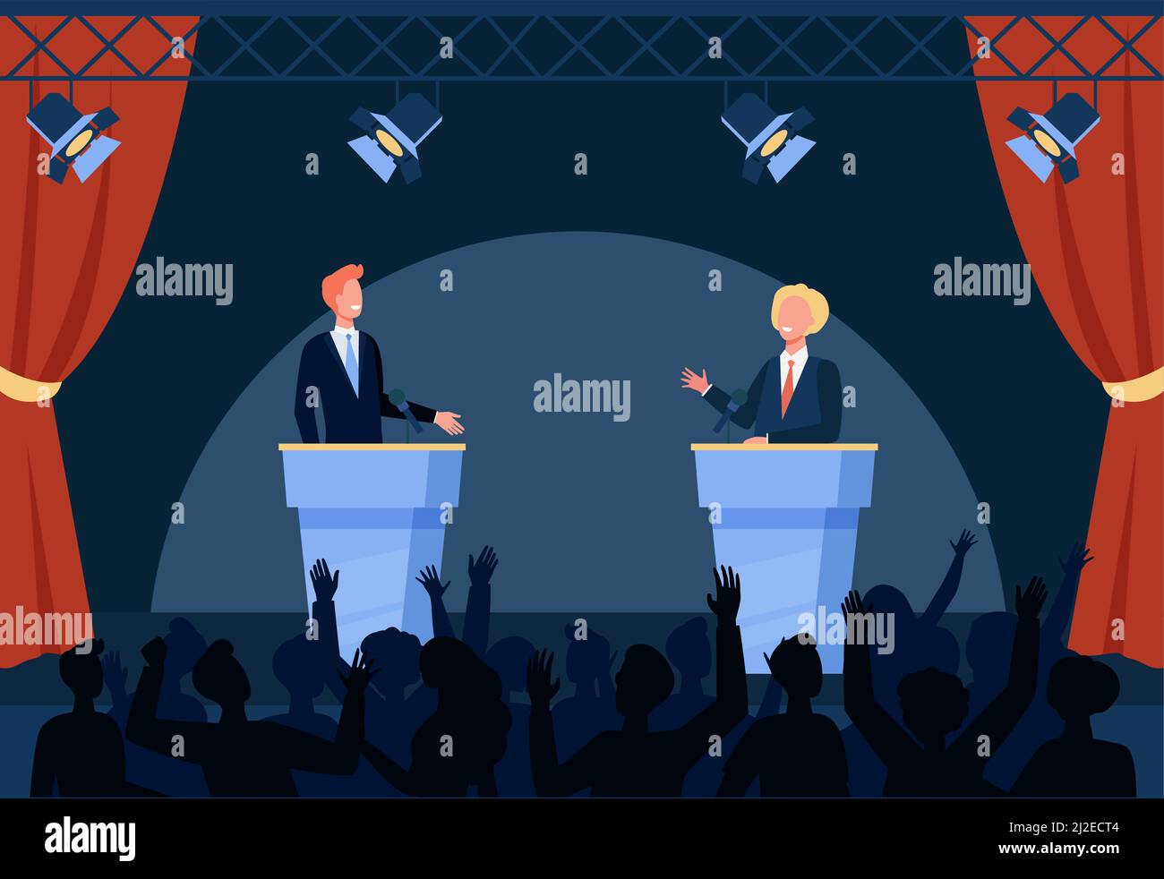 Two politicians taking part in political debates in front of audience ...