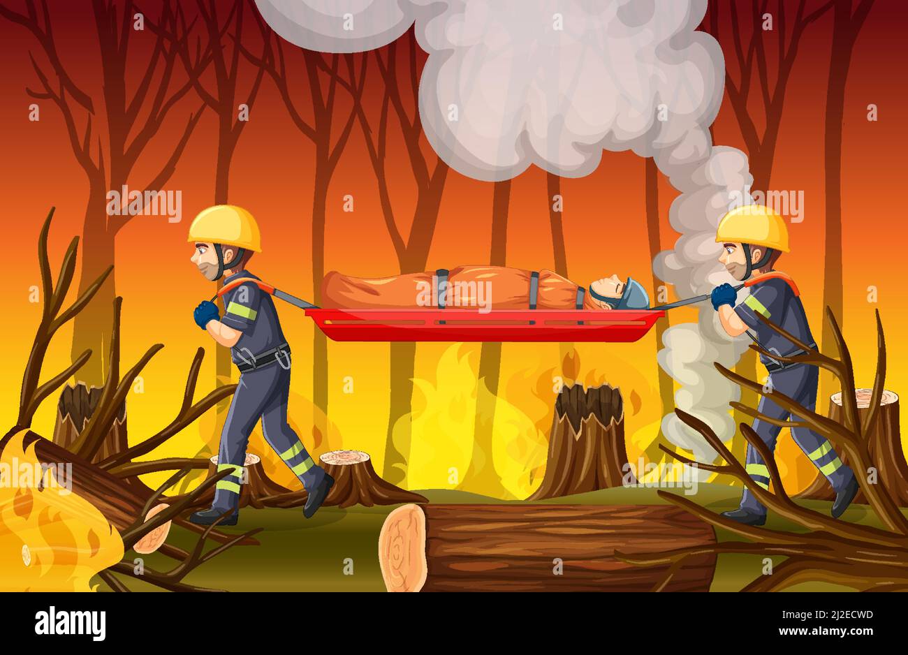 Wildfire scene with firerman rescue in cartoon style illustration Stock ...