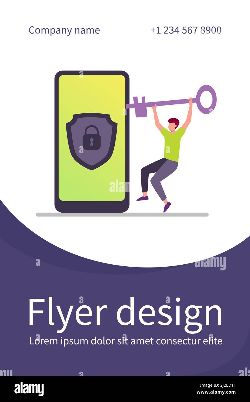 Tiny man unlocking mobile phone with golden key. Padlock, smartphone ...