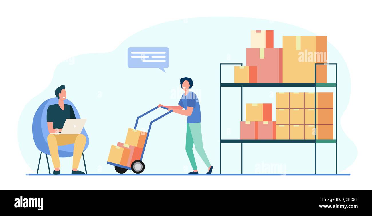 Warehouse workers using laptop and carrying boxes on wheelbarrow. Box ...