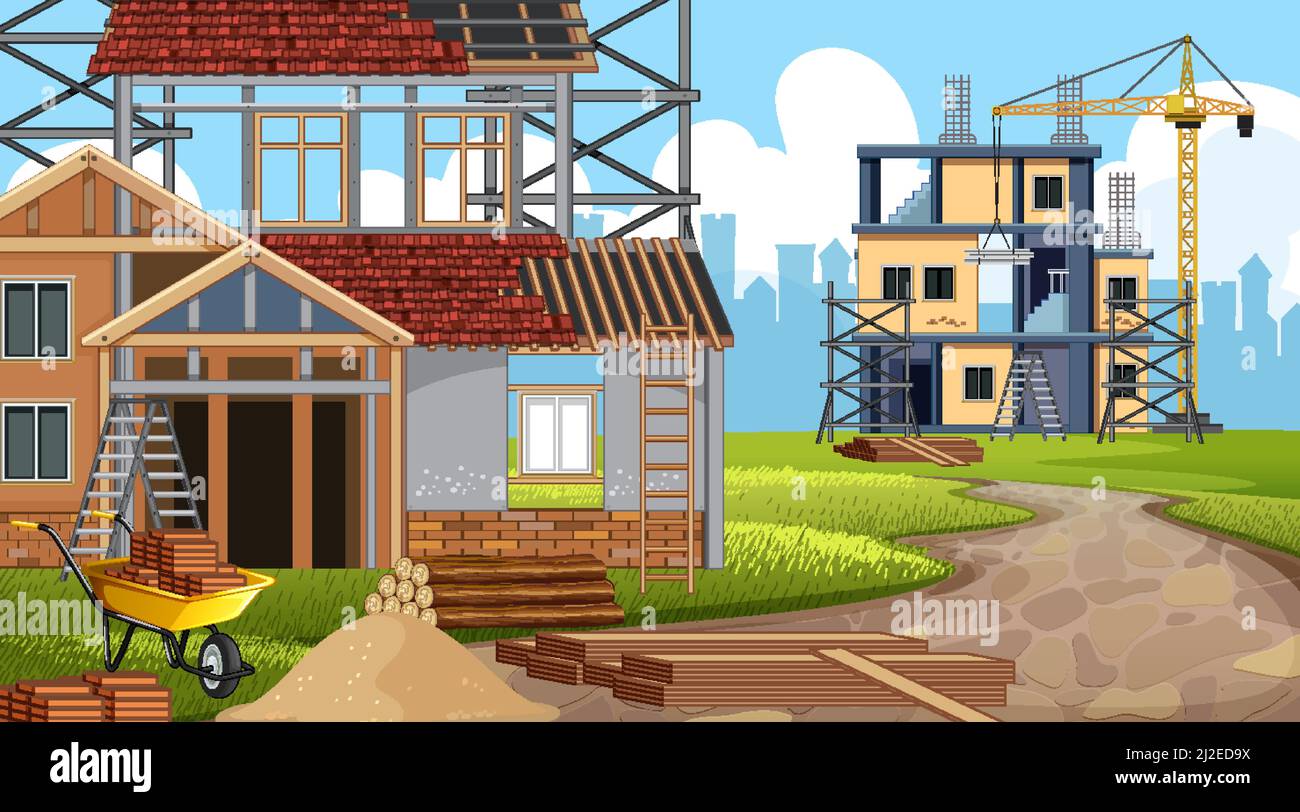 Cartoon scene of building construction site illustration Stock Vector ...