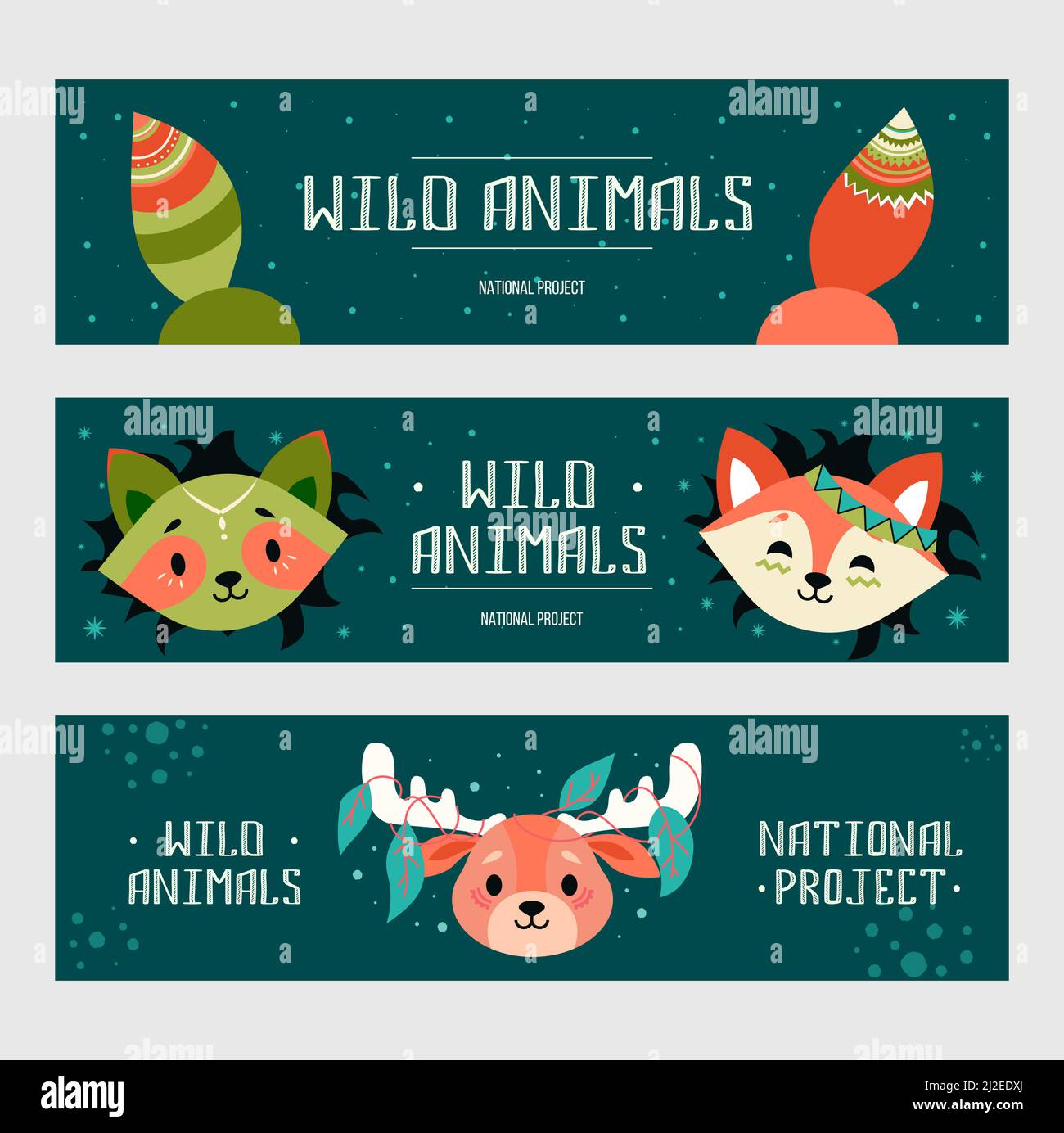 Wild animals banners set. Friendly cartoon fox, raccoon, moose with ...