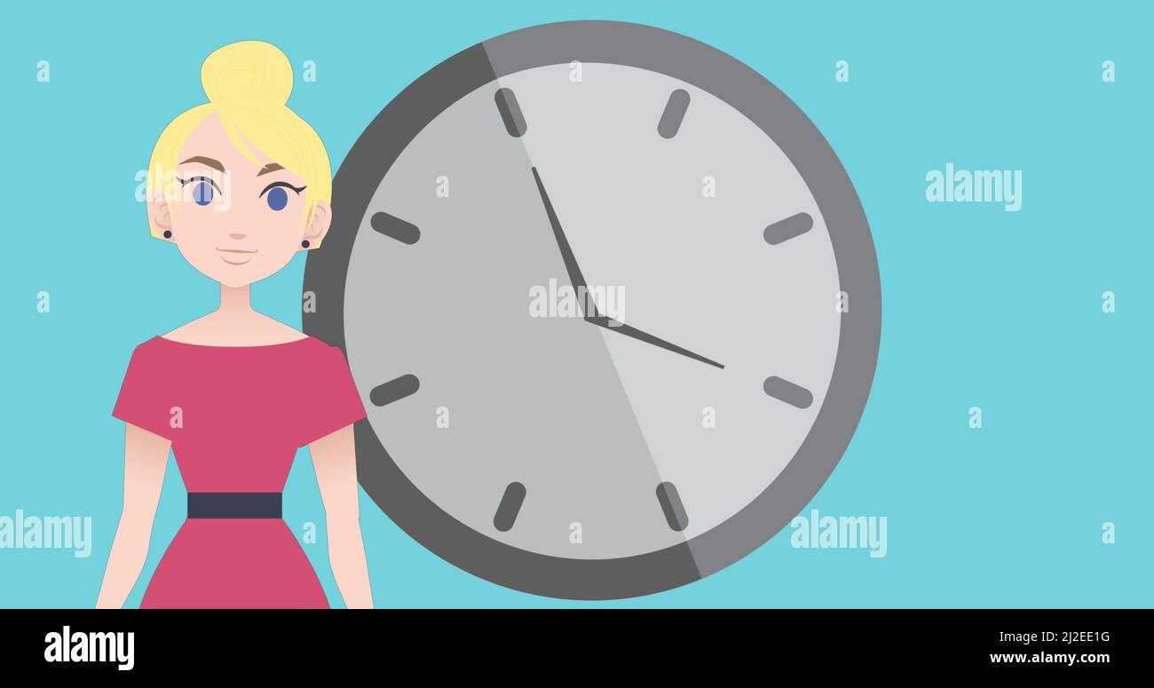 Image of woman talking over clock icon Stock Photo - Alamy