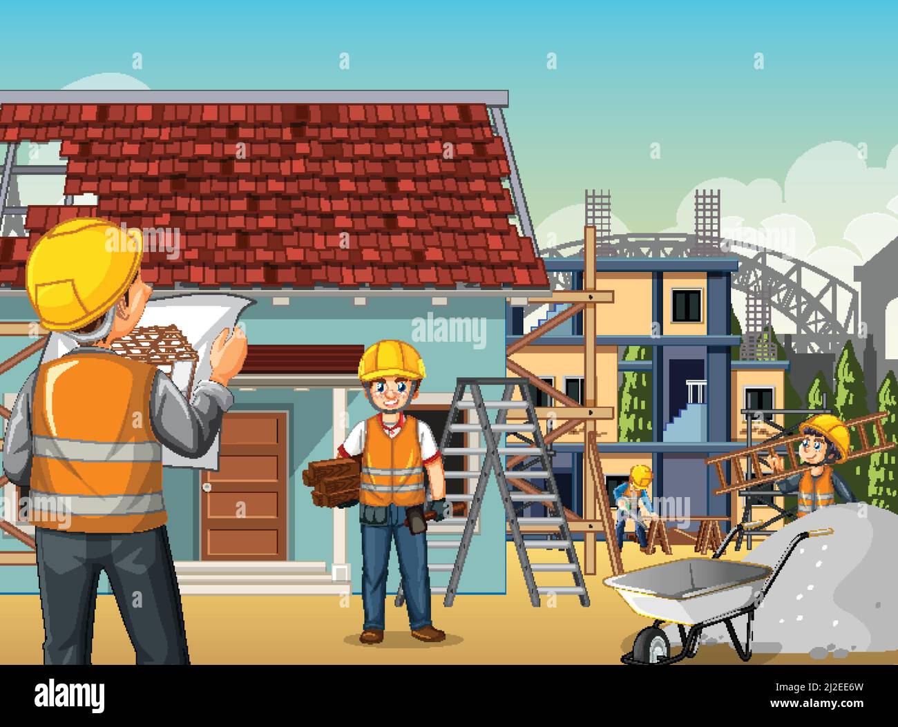 Building construction site with workers illustration Stock Vector Image ...