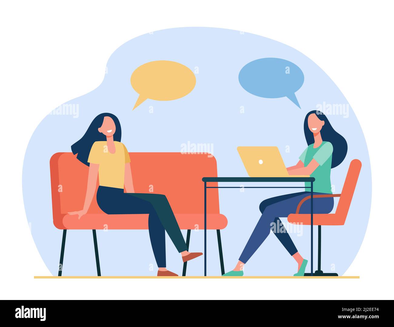 Two friends talking, sitting and using laptop. Speech bubble, chair ...