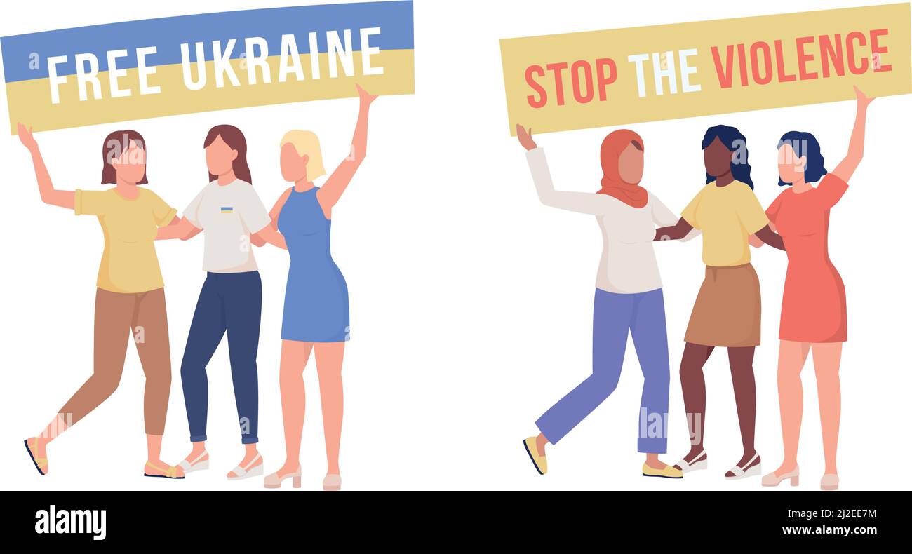 Protesting Women Semi Flat Color Vector Characters Set Stock Vector