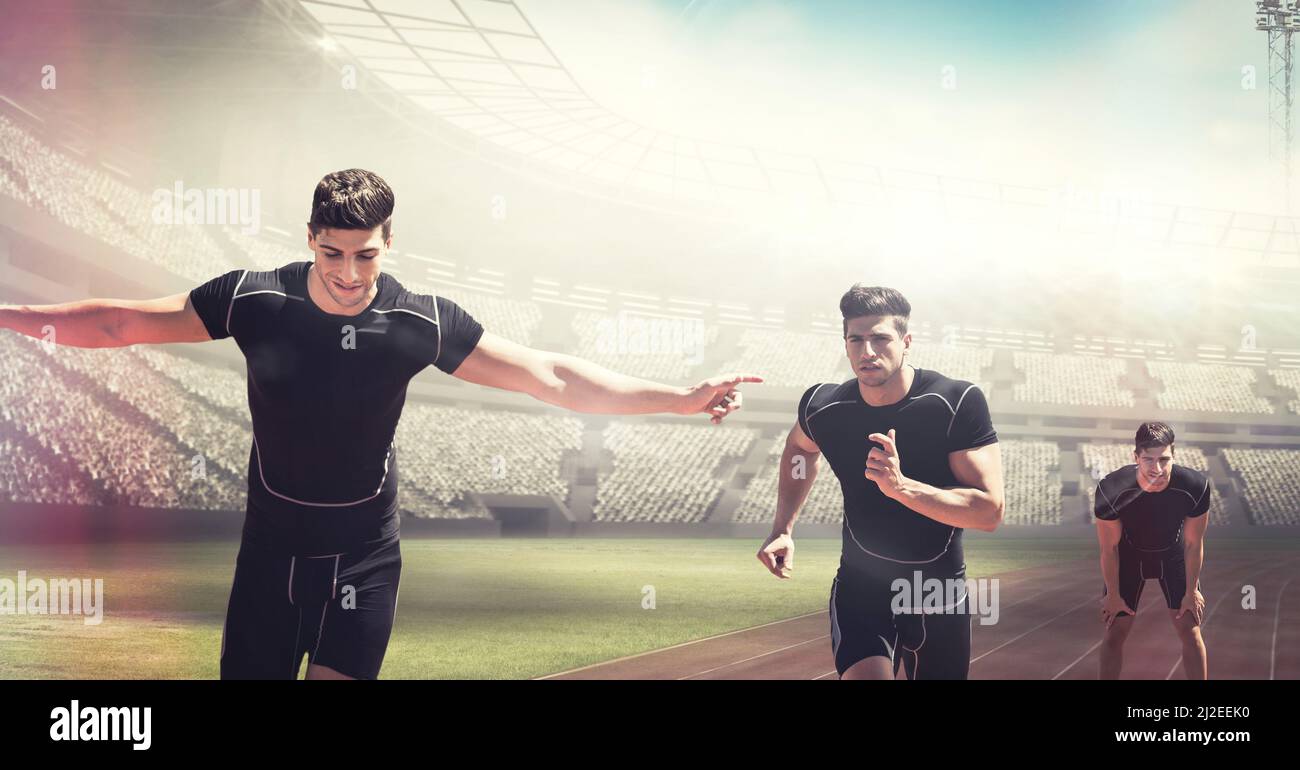 Composite image of caucasian male athlete celebrating after winning a ...