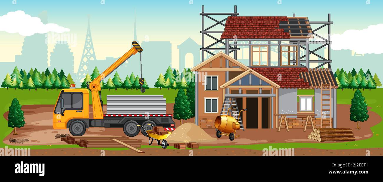 Cartoon scene of building construction site illustration Stock Vector ...