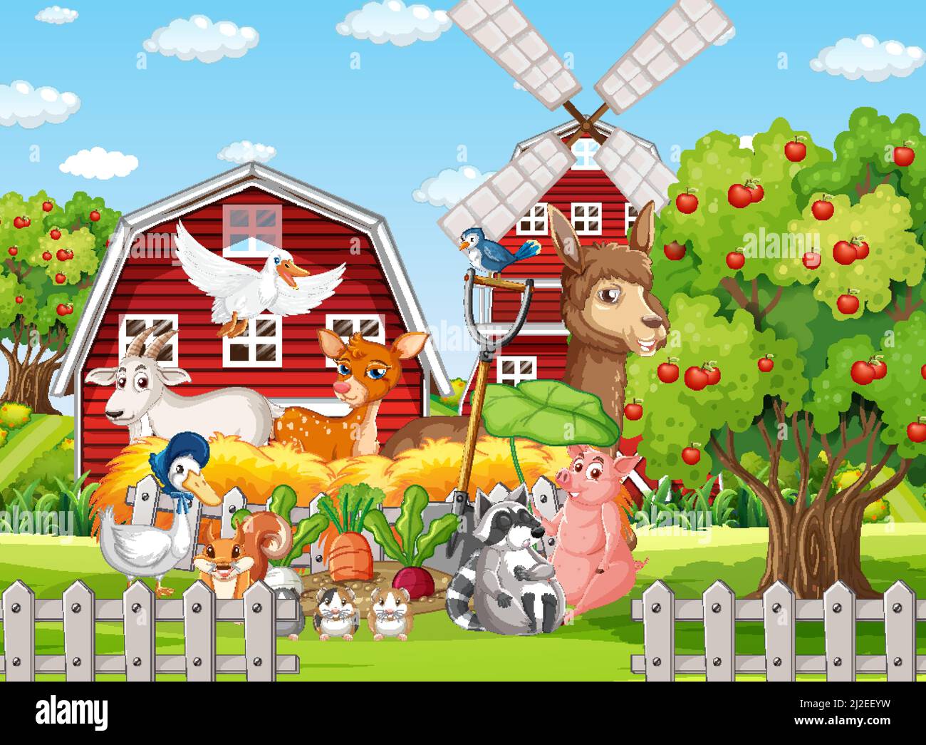 Farm scene with animals by the barn illustration Stock Vector Image ...