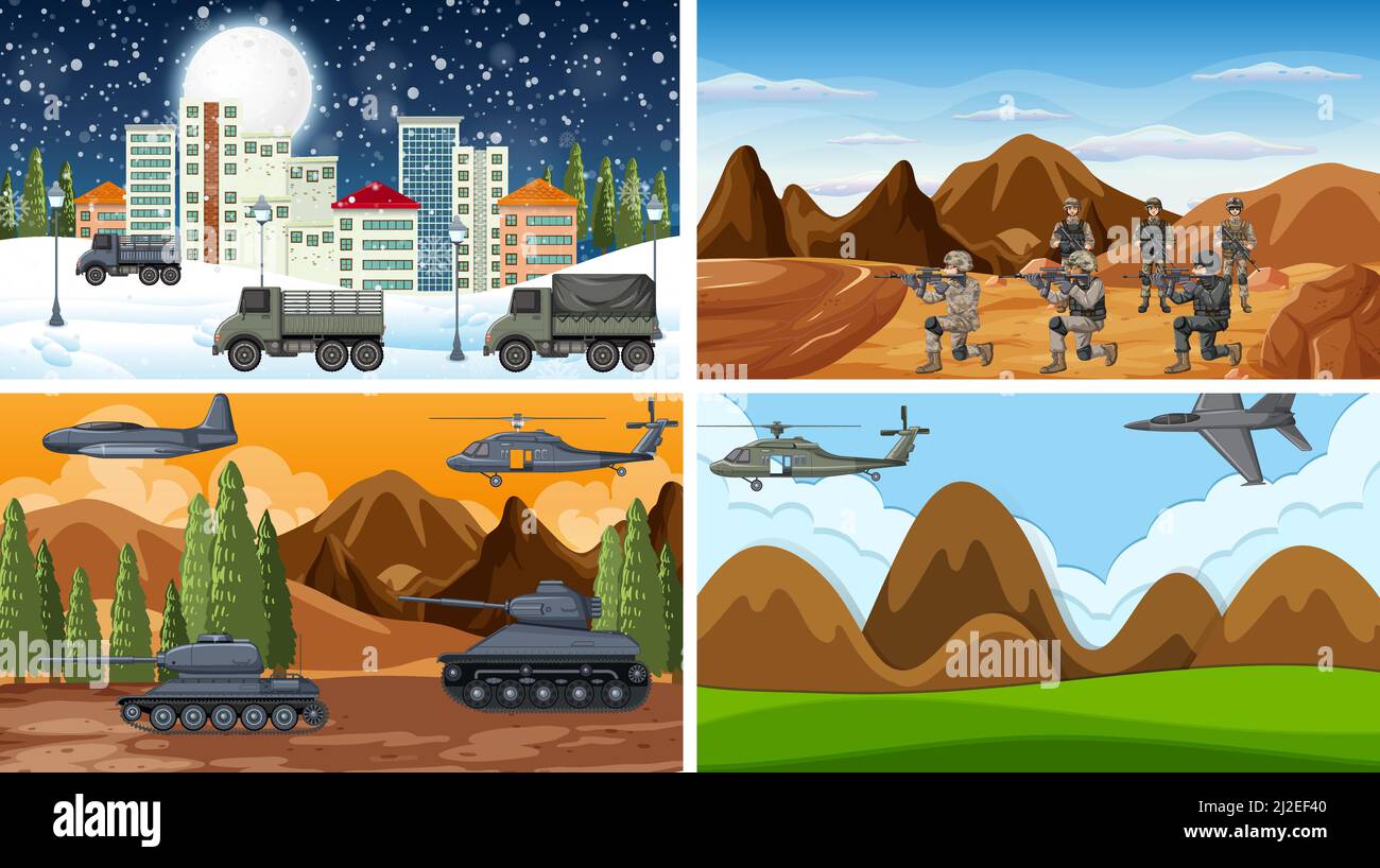 Set of different army war scenes illustration Stock Vector Image & Art ...