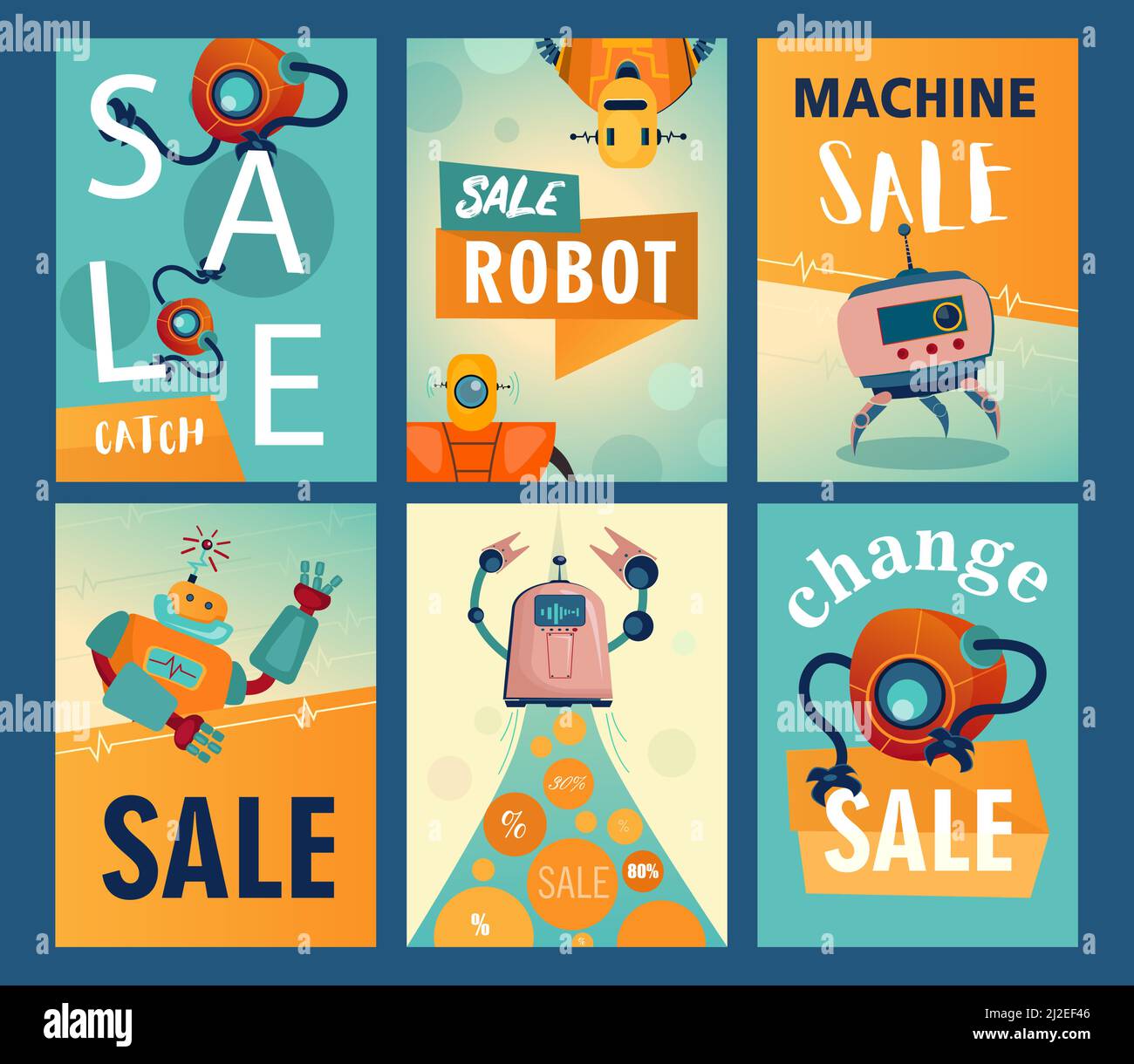 Sale flyers set with cartoon robots. Machines, cyborgs, electronic ...
