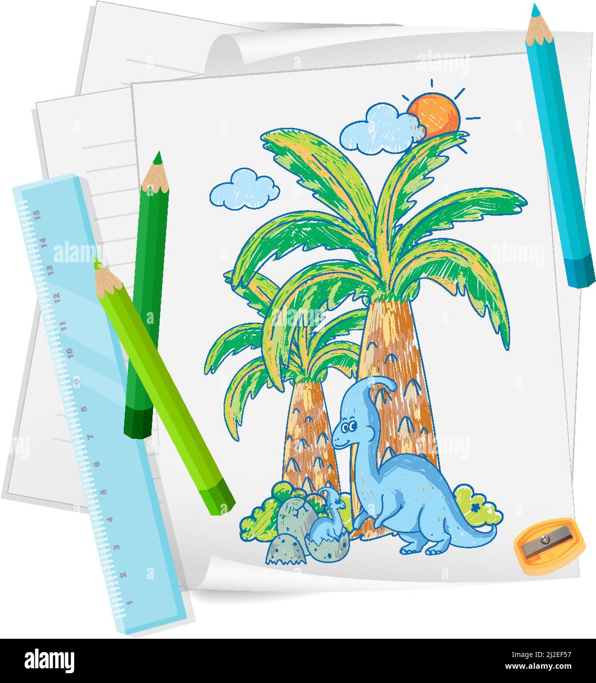 A paper with a doodle sketch design with color and colour pencils ...