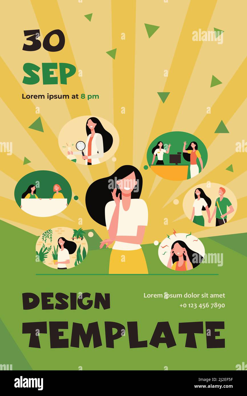 Positive girl and her life memories isolated flat vector illustration ...