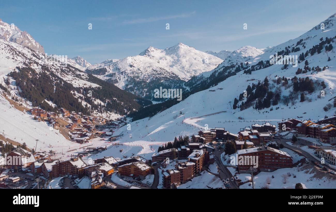 Aerial panorama of Meribel village, on the end of the valley in the ...