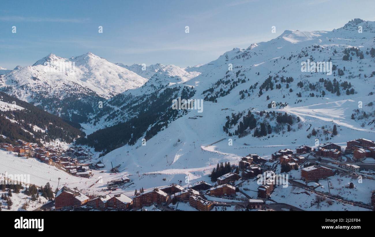 Aerial panorama of Meribel village, on the end of the valley in the ...