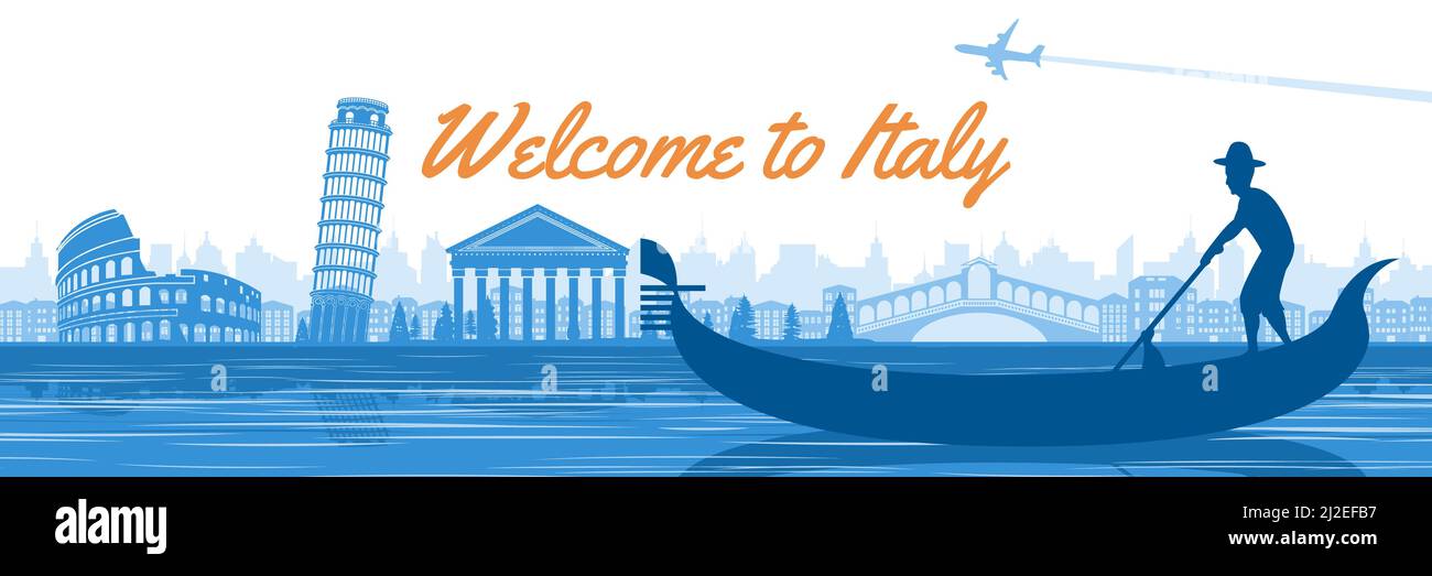 Venice boat and Pisa tower.Italy famous landmark and symbol,vector ...