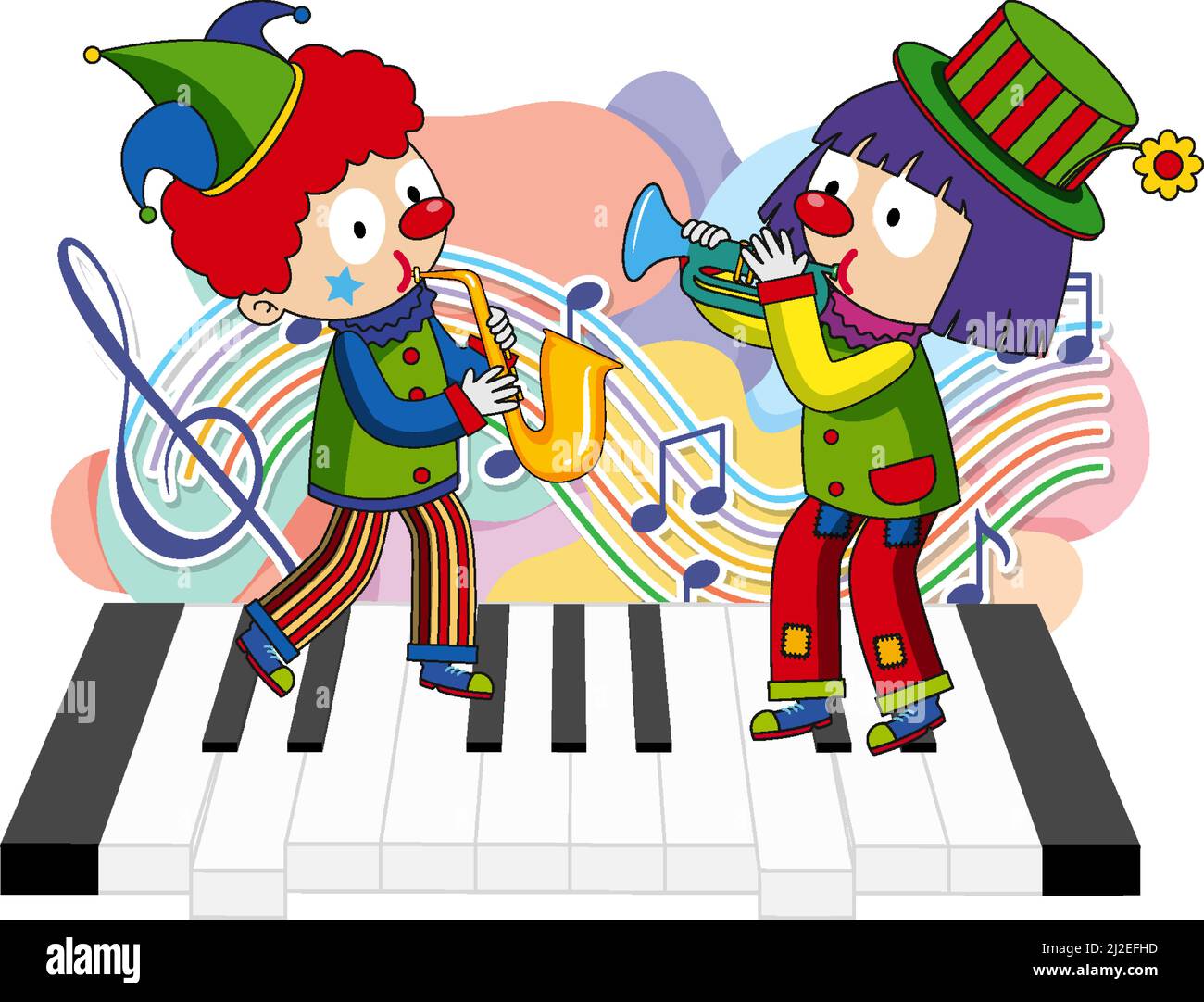 Cute clown playing music with music notes on piano illustration Stock ...