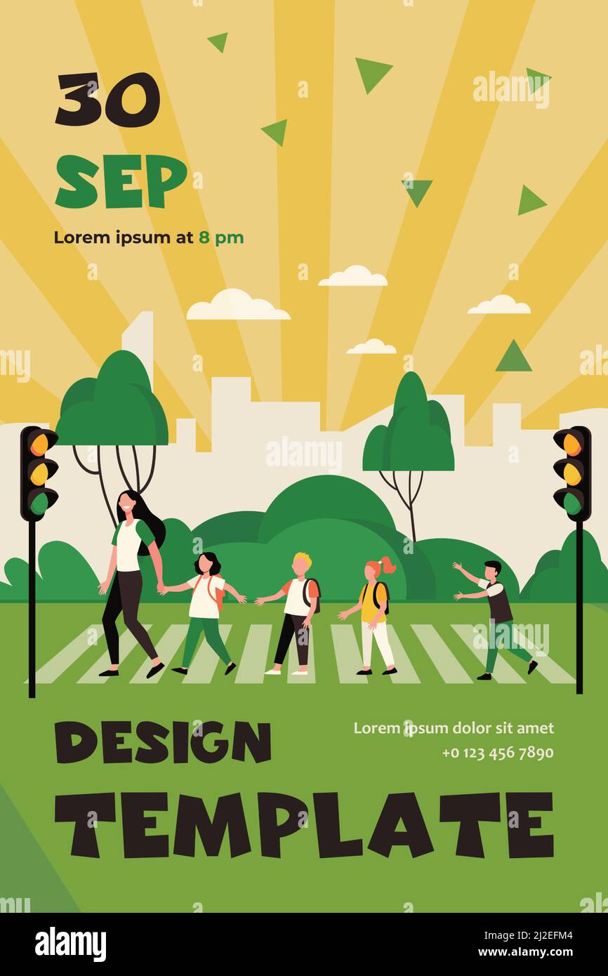 School children and teacher crossing street. Pedestrians, kids, traffic ...