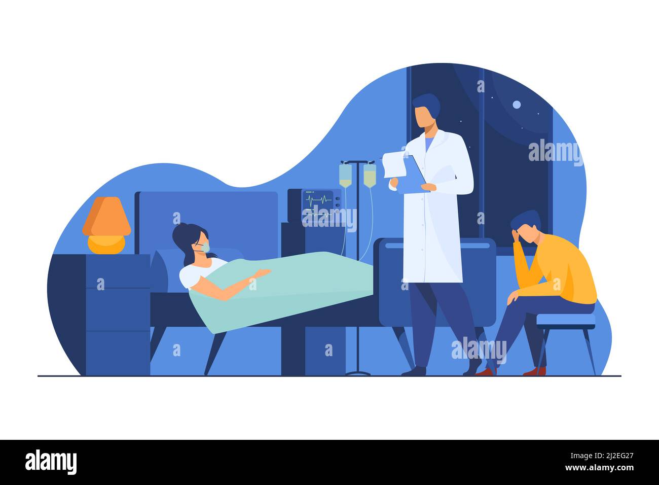 Woman suffering from hard disease. Patient on life support, doctor ...