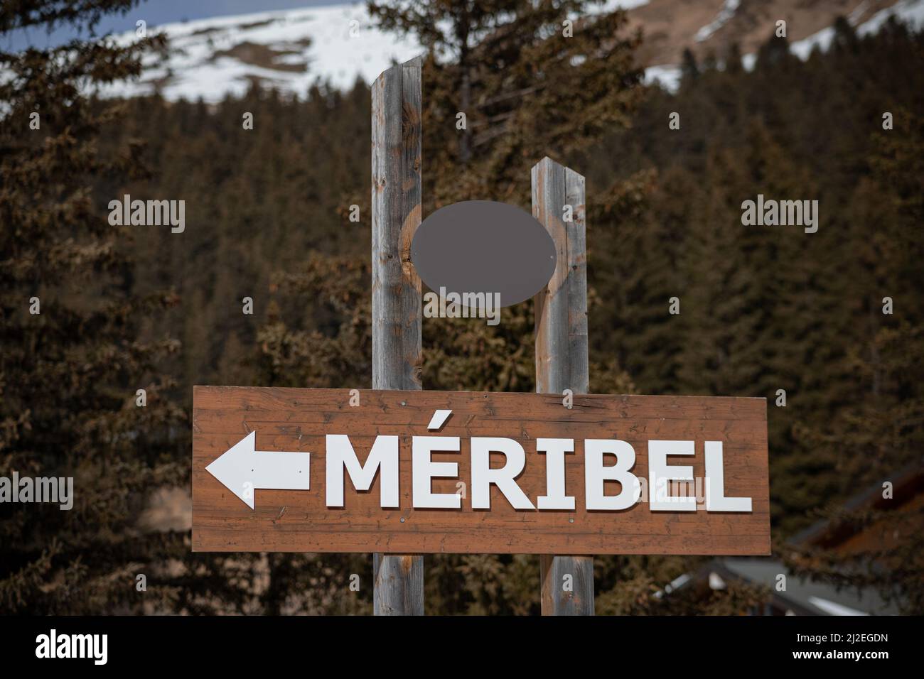 Sign for Meribel, a village in french alps, white letters on brown ...