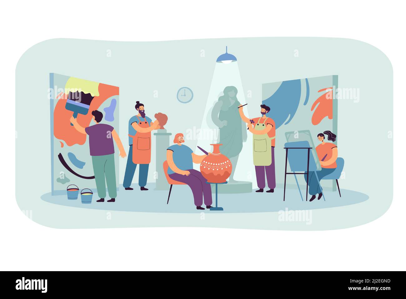 Artists and sculptors creating artworks in workshop or design studio ...