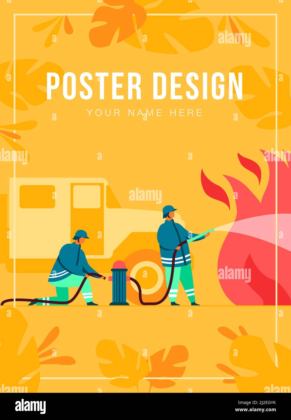 Brave firefighters firefighting with flame flat vector illustration ...