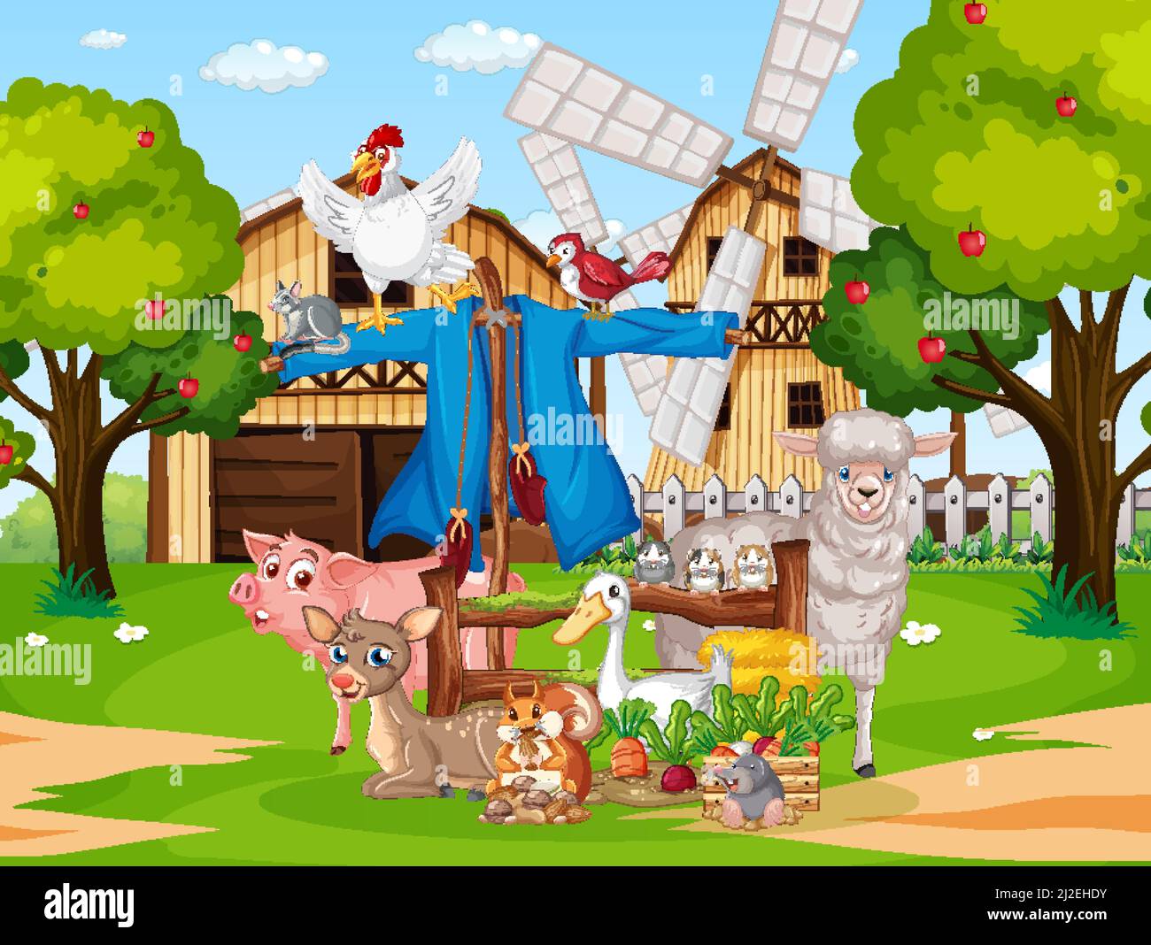 Farm scene with many animals by the barn illustration Stock Vector ...