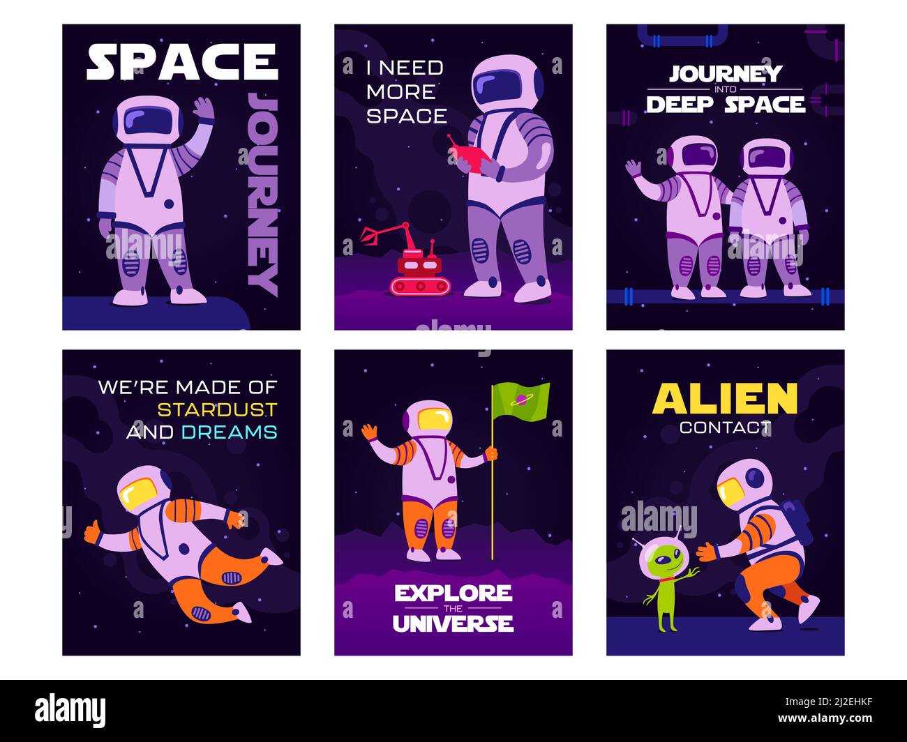 Bright greeting card designs with happy cosmos explorers. Colored ...