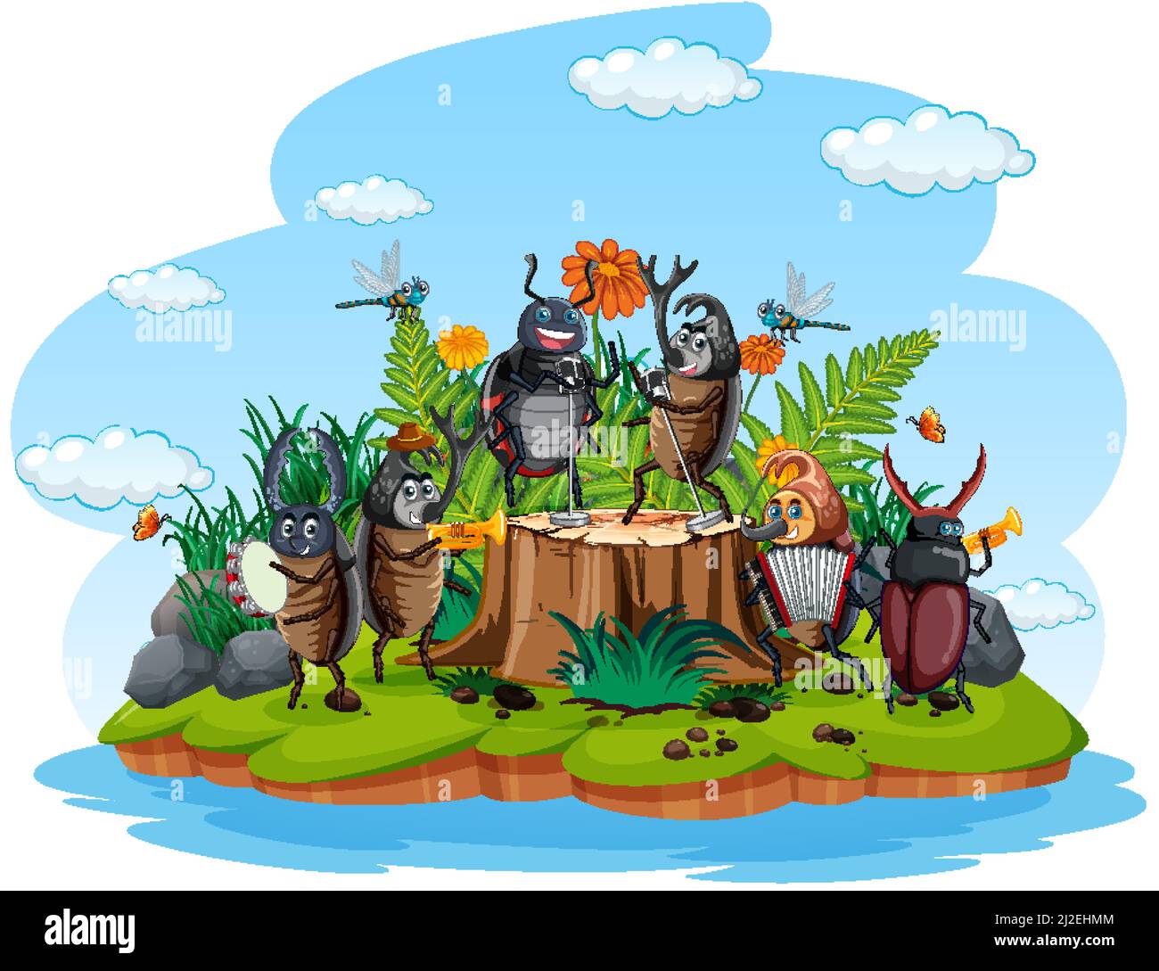 Happy insect in nature fairy tale scene illustration Stock Vector Image ...