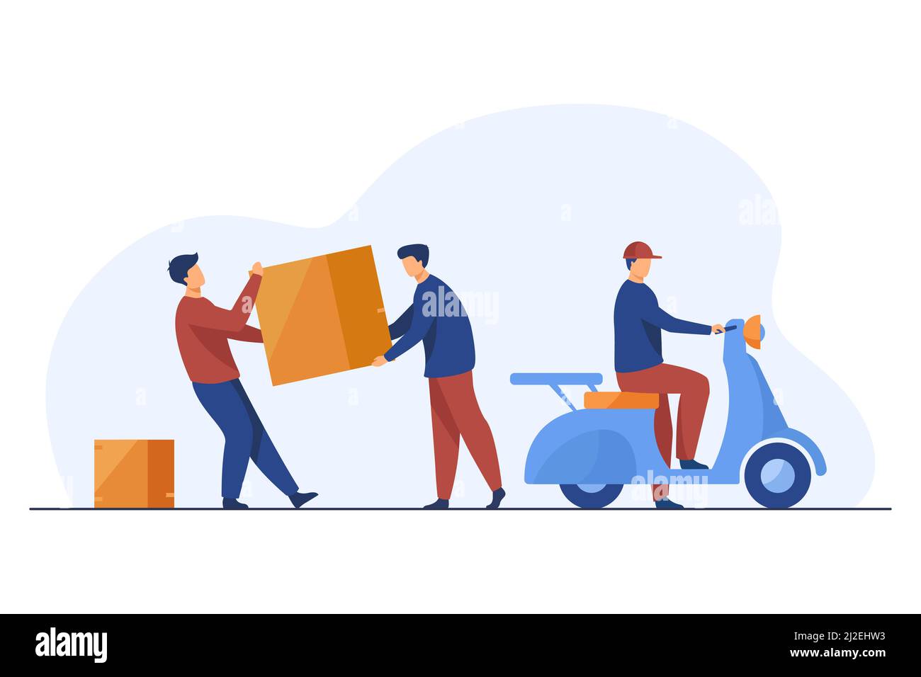 Two loaders carrying big carton box to couriers scooter. Delivery man ...