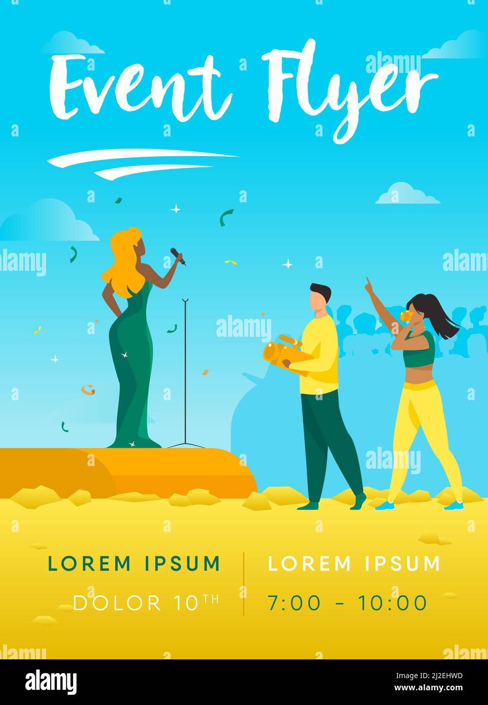 Cameraman and photographer shooting performer. Woman with mic singing ...