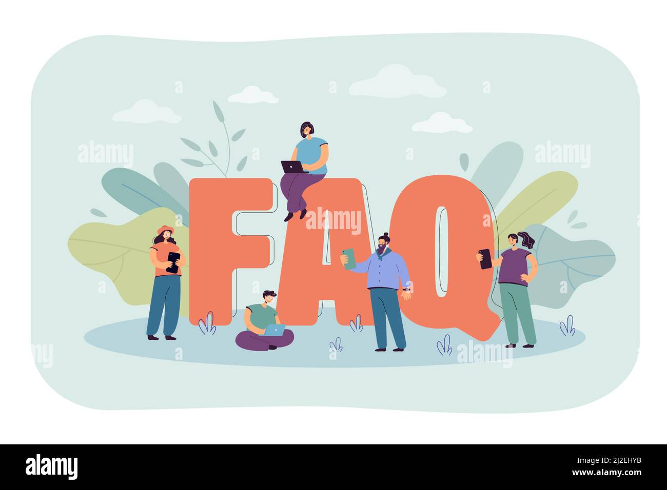 FAQ flat vector illustration. Tiny users near giant letters asking ...