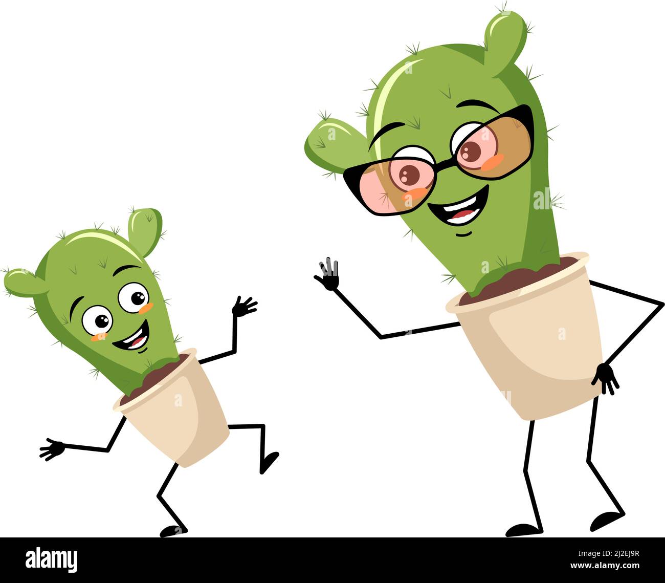 Cute cactus character with glasses and grandson dancing character with ...