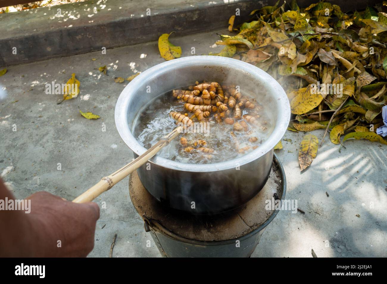 A close up shot of turmeric root being boiled in a big pot . Turmeric ...