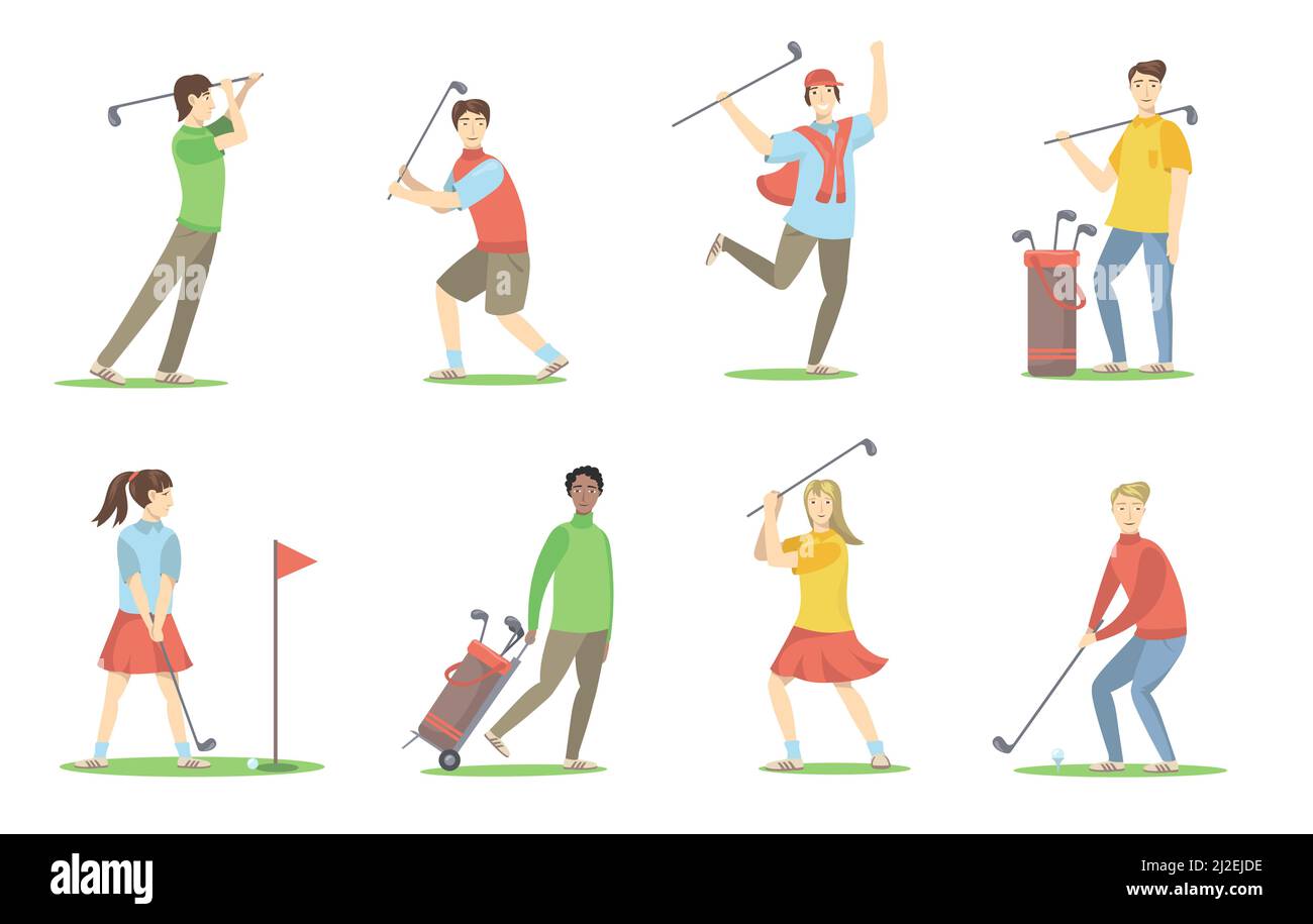 Golf players set. Cartoon people with brassies playing golf on lawn ...