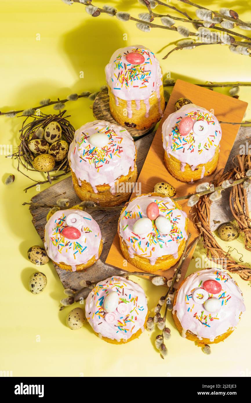 Traditional Easter cake. Festive sweet food with icing and decor. Eggs ...