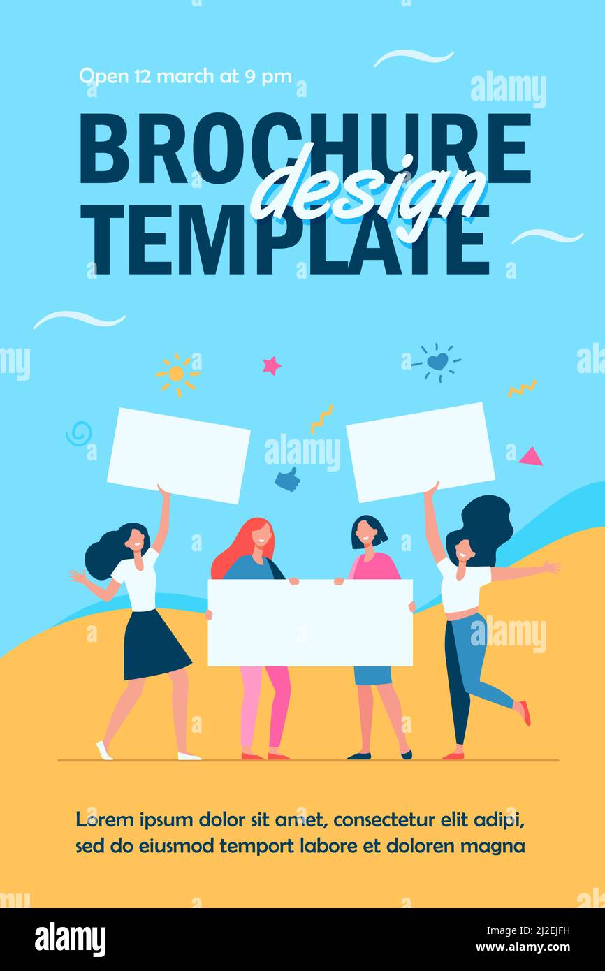 Crowd of protesting women holding banners and placards isolated flat ...